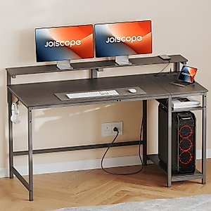 JOISCOPE Home Office Desk with Power Outlets (3AC, USB, Type-C), 60 × 20 Inch Computer Desk with Reversible Shelves, Laptop Table with Display Riser, Gaming Study Drafting Table for Bedroom, Black