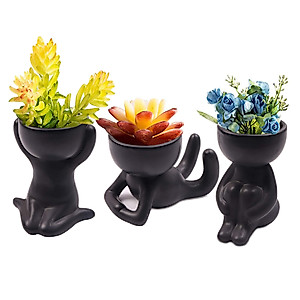 DIYOMR Cute Humanoid Ceramic Planter Pot, 4.3” Black Doll Small Succulent Bonsai Pots Cactus Container Creat Design for Home Office Desktop Decor, Not Include Plants (Black B)