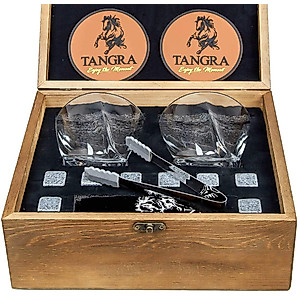 Whiskey Stones Luxury Gift Set of 8 Granite Ice Cubes Reusable Chilling Rocks + 2 Large Size Scotch Glasses in Wooden Box. Cool Whiskey Gift Sets for Man Dad Father Groomsmen