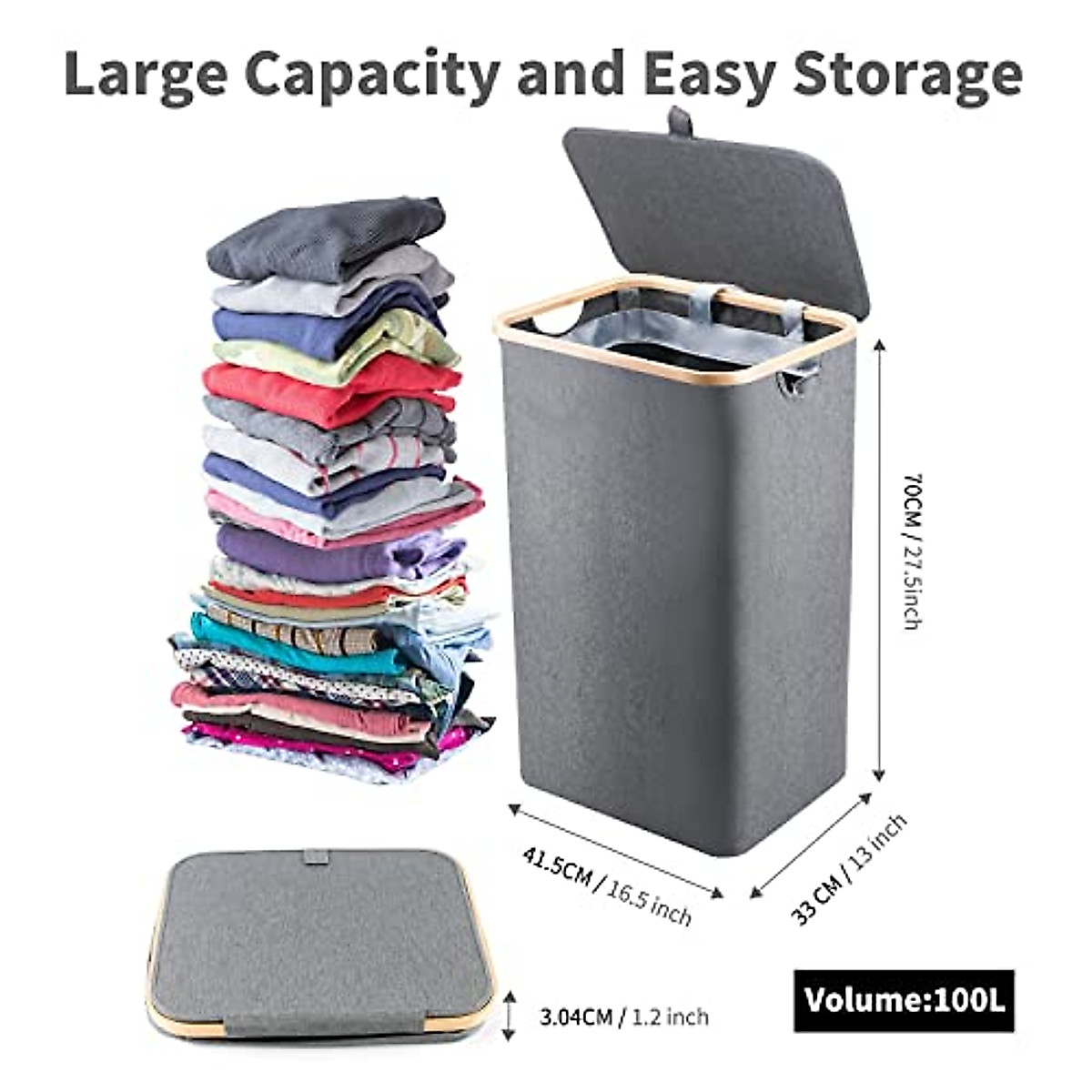Airrniss Laundry Hamper with lid, 100L Waterproof-Laundry Basket, Collapsible-Tall-Clothes Hamper with Removable-Laundry Bags for Bedroom, Laundry Room, Closet, Bathroom, College Grey