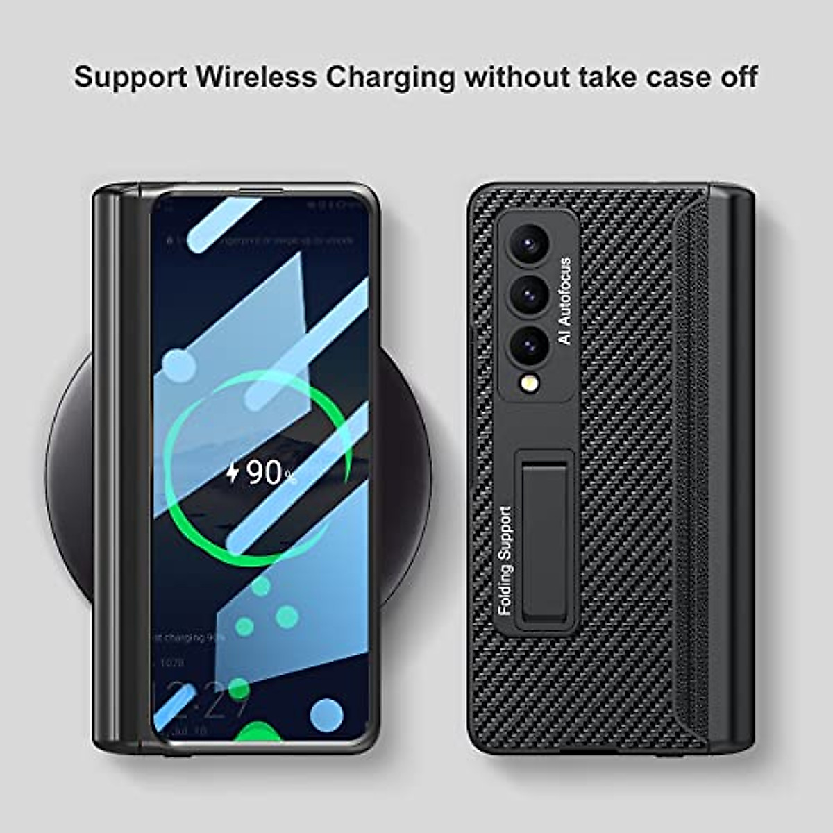 Libeagle Compatible with Samsung Galaxy Z Fold 4 Case, Built in Hidden S Pen Holder to Avoid Pen Lost, Leather on Back, Screen Protector, Hinge Protection, Wireless Charging Cover 5G 2022-Carbon Fiber