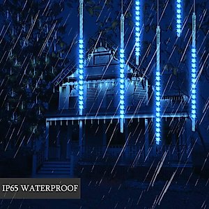 Qelus Meteor Shower Rain Lights, 192LEDs 8Tubes 11.8inch Drop Icicle Cascading Rain Lights for Christmas Holiday Wedding Garden Home Decoration, Blue