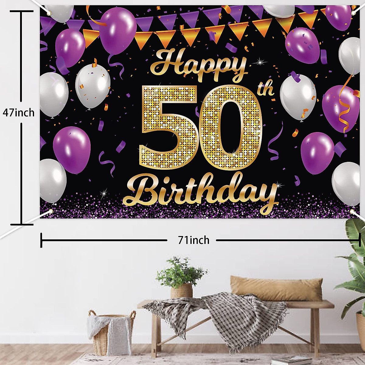 4 x 6ft Happy 50th Birthday Party Decorations Banner Gold and Black Sign - Cheers to 50 Years Anniversary Purple Photo Booth Backdrop Party Supplies for Women and Men