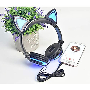 LIMSON Cat Ear Headphones for Kids, LED Light with USB Chargeable Foldable Earphones for ChildrenTeens Adults, Compatible for iPad, Tablet, Computer, Mobile Phone (Black&Blue)