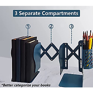 Adjustable Bookends,Metal Book Ends for Books Papers Magazines Albums DVDs Games Desks Binder Organizer Holder for Home, Office, Classroom, Library with Pen Holder.Extends up to 19 inches. (Blue)