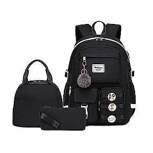 Wadirum Women Casual Backpack Set Girl School Bookbag Set Cute Laptop Ruaksack Black