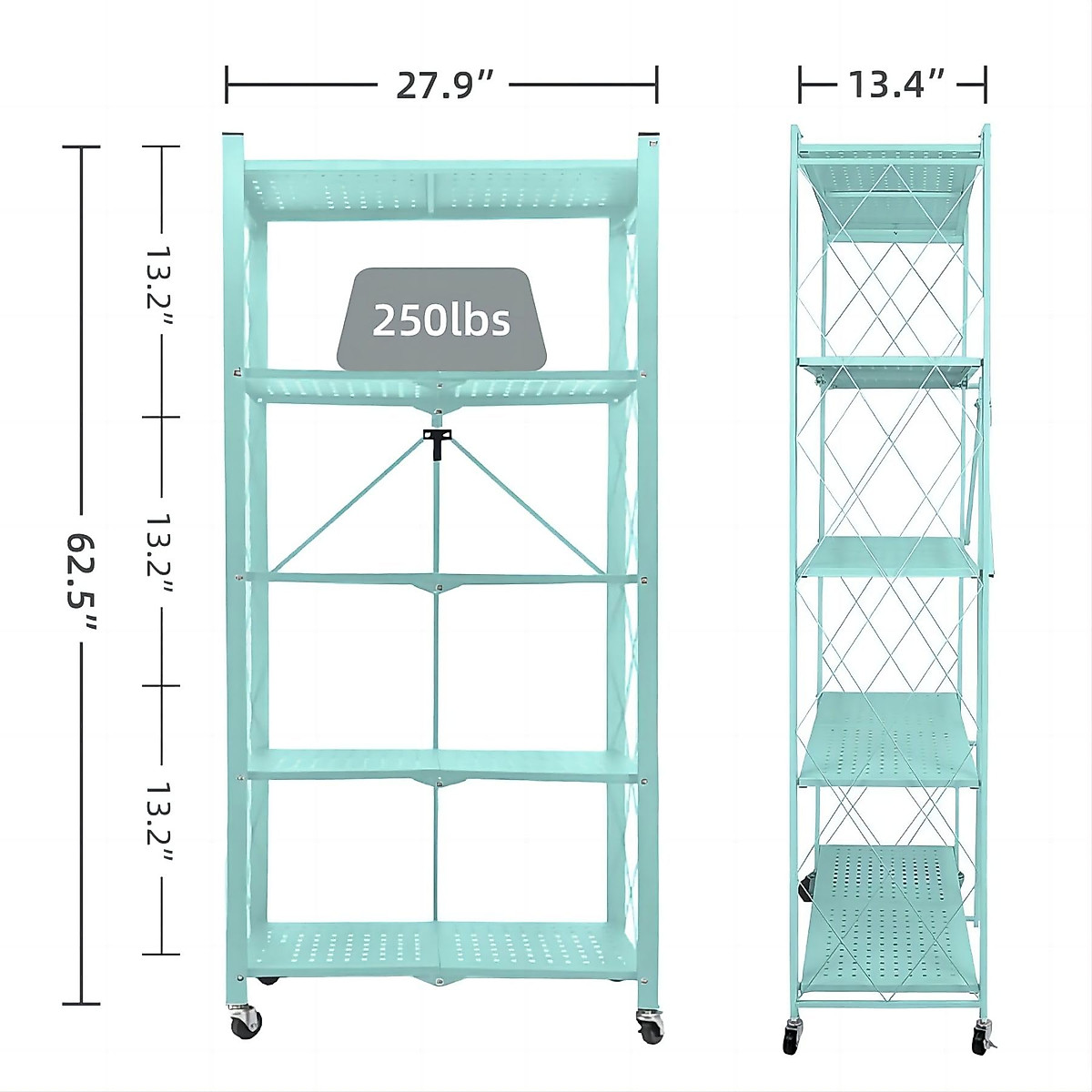 Track Seven 5-Tier Storage Shelving Unit w/Hooks and Wheels, 27.9"x13.4"x62.5", Standing Foldable Storage Rack, Metal, Kitchen, Garage, No Assemble Require (Blue)