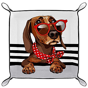 Dachshund Dog in Sunglasses Polka Dots Neck Scarf Stripes Leather Tray Dice Box Bedside Tray Key Watches and Candy Holder Sundries Entryway Tray,20.5x20.5cm