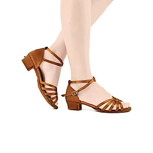 Tan Girls Latin Dance Shoes Women Low Heels Tango Salsa Ballroom Shoes (6.5 Big Kid)