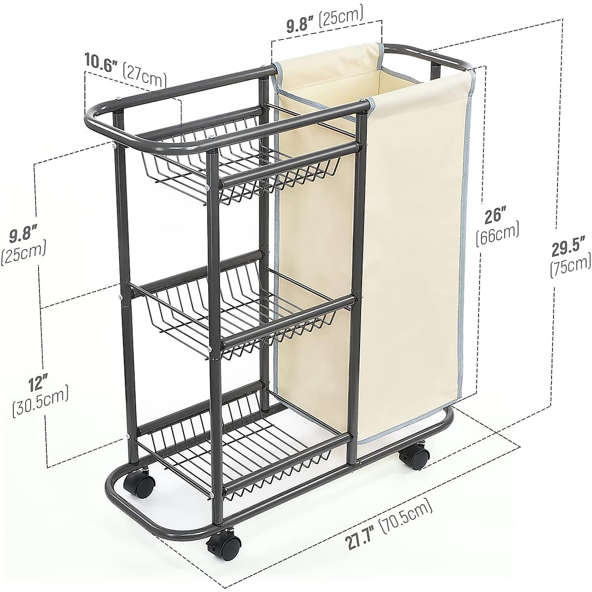Doxbom Rolling Laundry Sorter Cart Gray Laundry Basket with Heavy Duty Wheels Movable Bathroom Slim Organizer Laundry Storage Baskets 3-Tier Storage Shelves with 1 Bag for Clothes