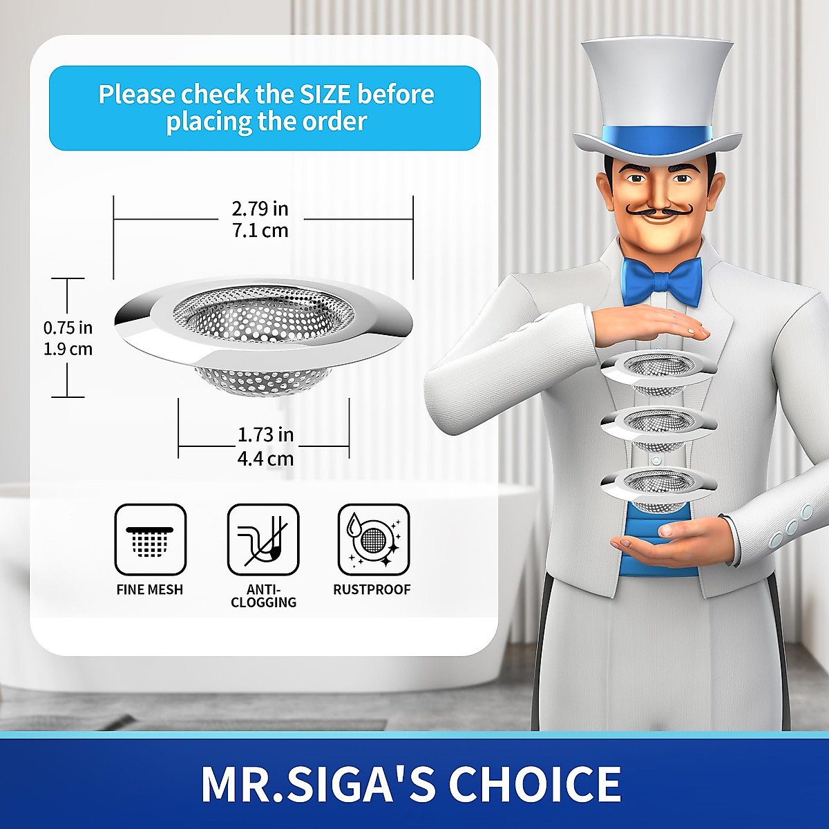 MR.SIGA Bathtub Drain Strainer, Stainless Steel Shower Bathtub Drain Hair Catcher, Bathroom Sink Drain Strainer, 3 Pack