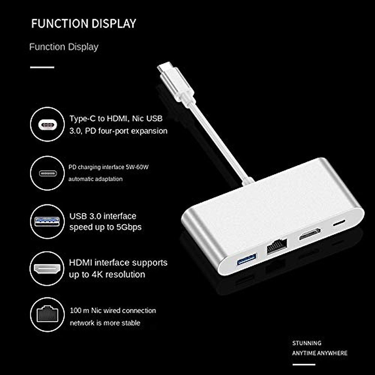 WJCCY Type-C to HDMI-Compatible Four in One Converter Network Card Hub Docking Station HDMI-Compatible/USB Splitter 3.0 Hub