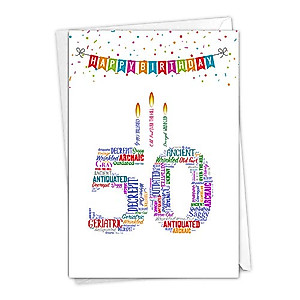 NobleWorks - 50th Funny Card for Birthday - Milestone Bday of 50 Years, Celebrate and Congrats Notecard with Envelope - Word Cloud 50 C3249MBG