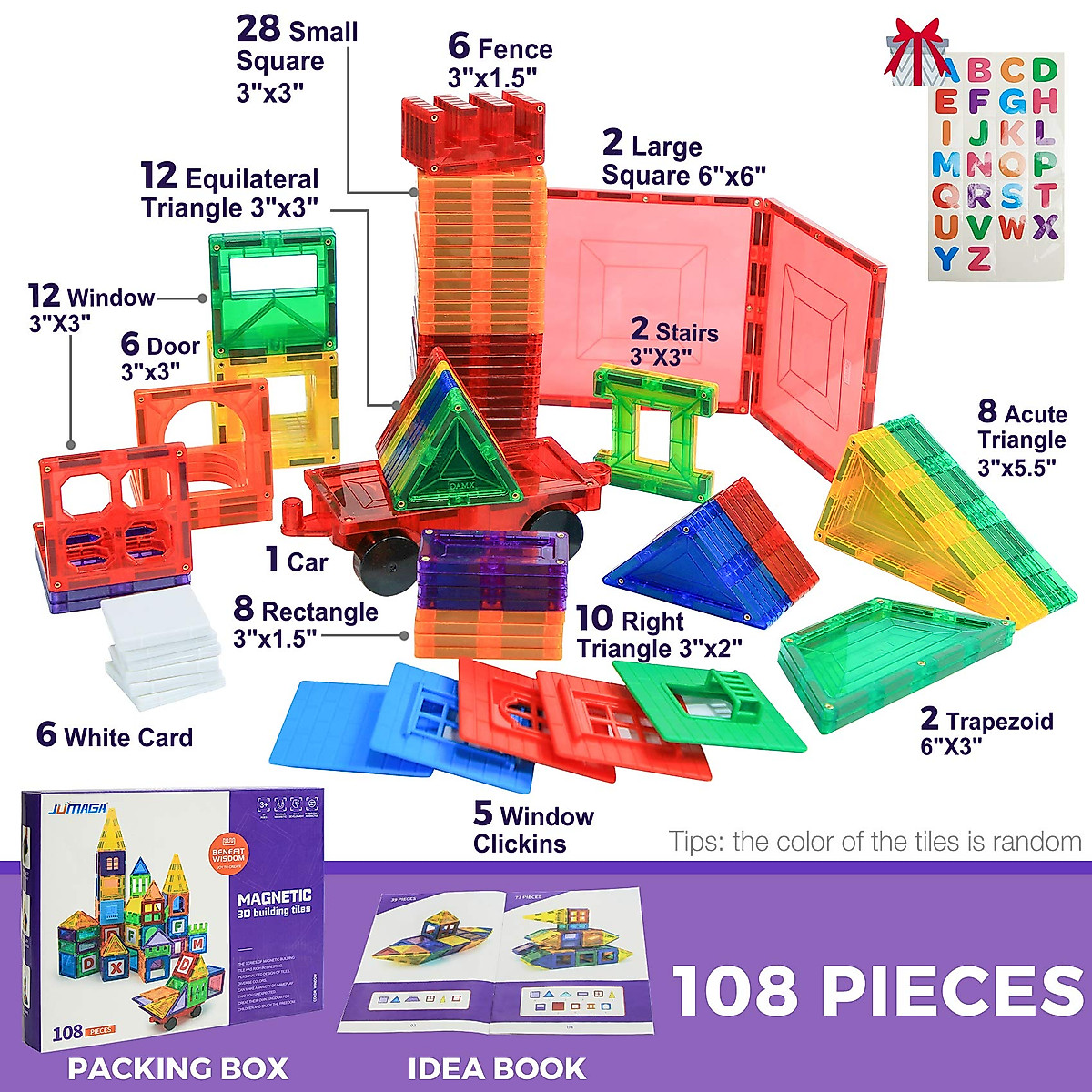 JUMAGA 3D Magnetic Tiles and Stack Building Toys 108pcs Magnet Blocks Set with Alphabet Card STEM Educational Preschool Birthday Gifts for Toddlers Kids Age 3+