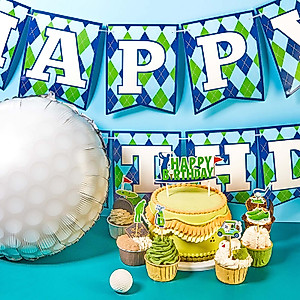 Containlol 32 Pieces Golf Birthday Party Supplies Decor Kits Golf Theme Happy Birthday Banner Golf Themed Cake Toppers Happy Birthday Cake Inserts Golf Aluminum Foil Balloons for Golf Themed Party