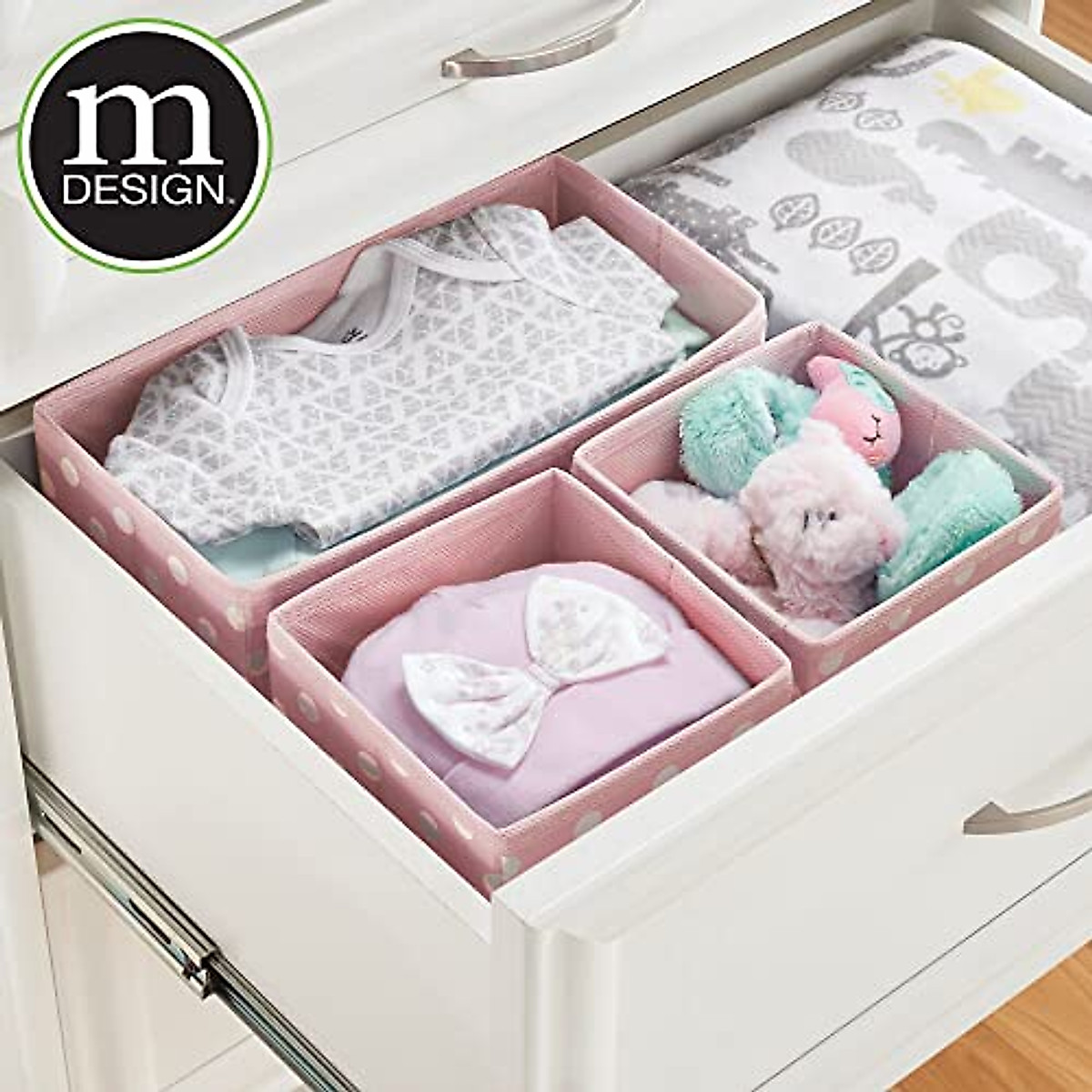 mDesign Fabric Drawer Divider Organizer Bin, Nursery/Bedroom Dresser, Closet, Shelf, Playroom Organization, Hold Clothes, Toys, Diapers, Bibs, Set of 3, 2 Pack, Pink/White Polka Dot