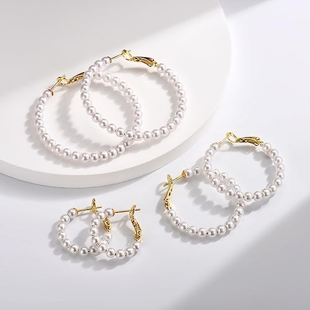 CERSLIMO Pearl Hoop Earrings for Women - 3 Pairs 14K Gold Plated Pearl Hoop Earrings Set, S925 Sterling Silver Post Big Large Hoops 4mm Pearl Earrings Jewelry Gifts 20/30/40mm