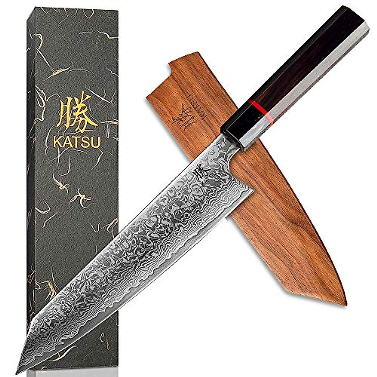 KATSU Kiritsuke Chef Knife - Damascus - Japanese Kitchen Knife - 8-inch - Handcrafted Octagonal Handle - Wood Sheath & Gift Box (Kritsuke Knife)