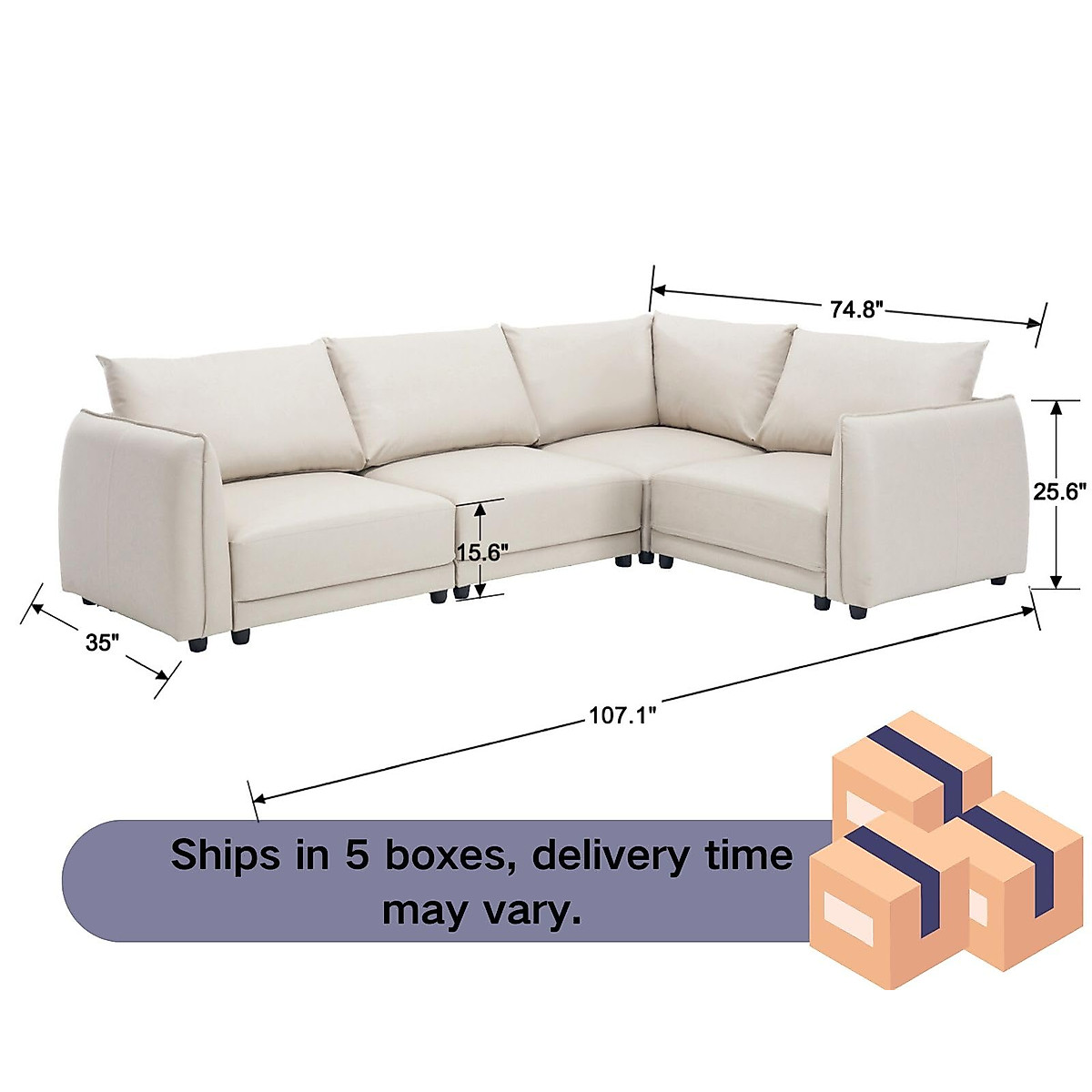DAYALANE L Shaped Sectional Sofa, PU Leather Modular Covertible Sectional Couch with Arms, Modern Deep 4 Seat Couch Upholstered Sofa for Living Room, Studio, Office, Apartment, Off White