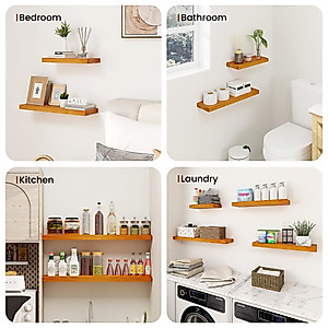 Fun Memories Wood Floating Shelves Set of 2, Rustic Pine Wood Floating Shelves for Wall Mounting, Wide Wall Shelves for Home Decor and Storage, 16" W x 7" D, Honey Oak