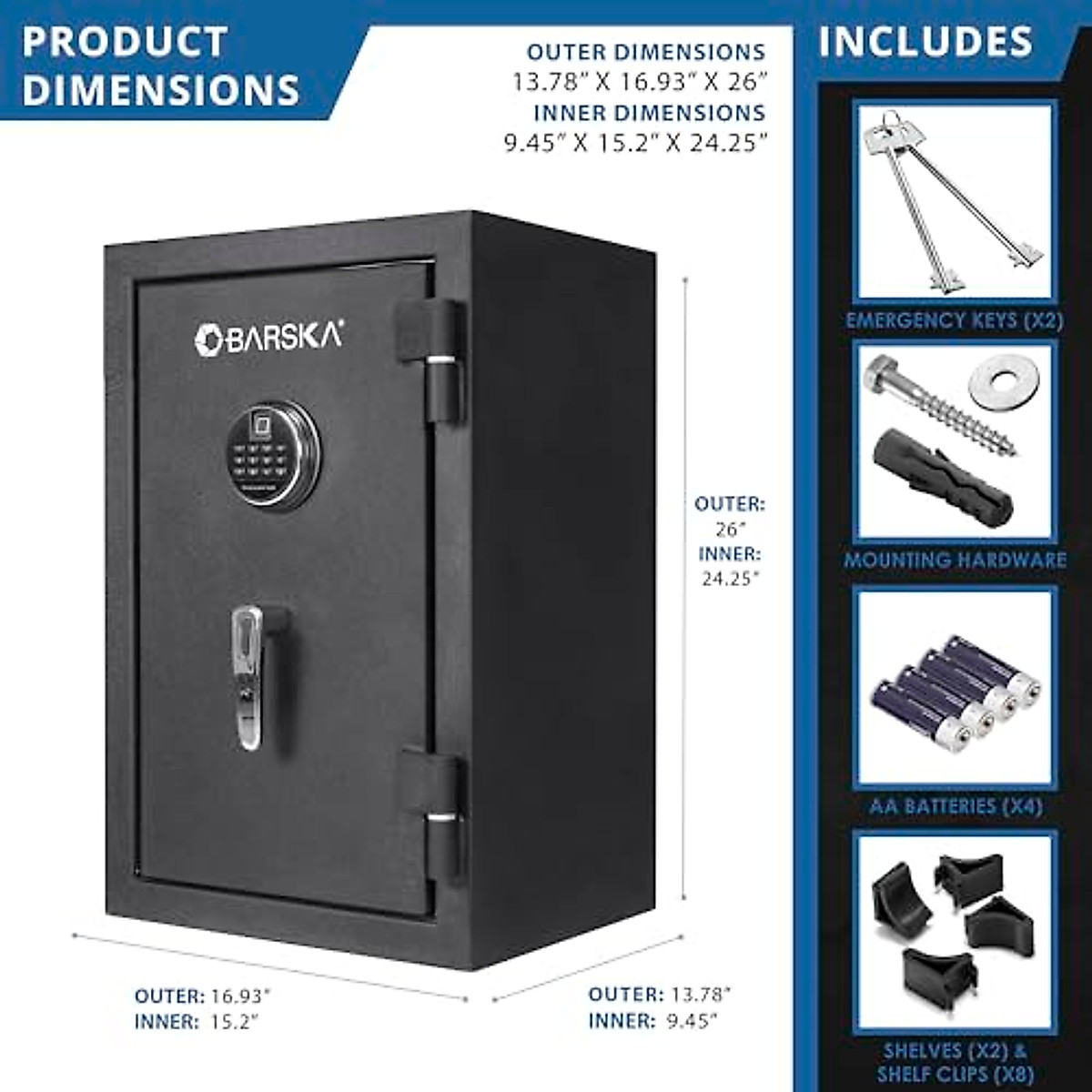 Barska Advanced Digital Biometric Fingerprint & Keypad Code Security Fireproof Safe - 2.02 Cu Ft with LED Light & Alarm