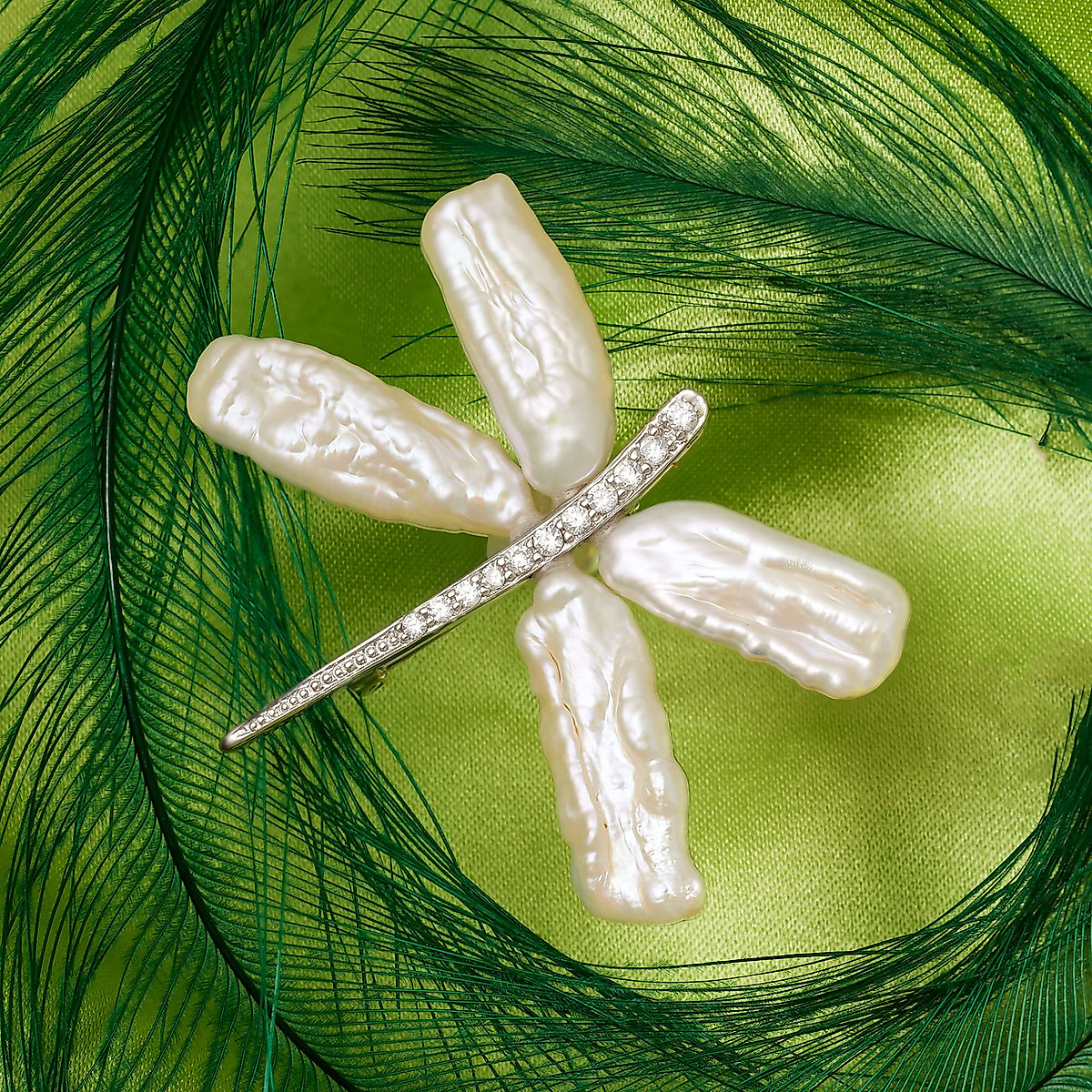 Ross-Simons 6x20mm Cultured Pearl and .20 ct. t.w. CZ Dragonfly Pin/Pendant in Sterling Silver