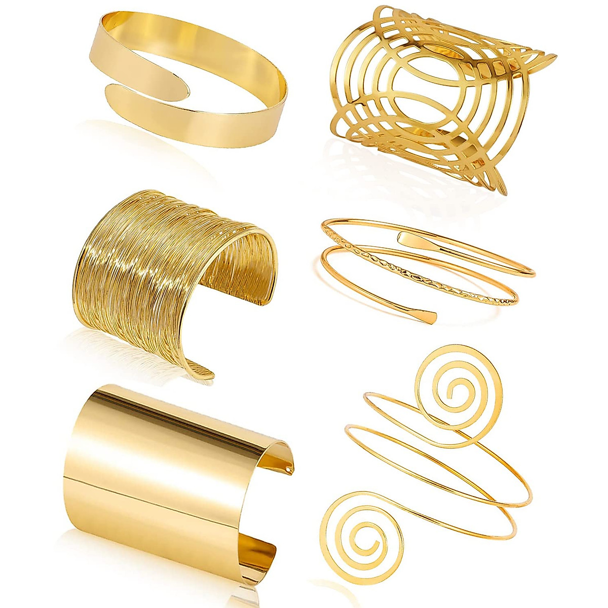 COLOYAN 6Pcs Gold Arm Cuff - Upper Arm Cuff Bangle Bracelet Set Adjustable Minimalist Simple Coil Bangle Wide Wire Grooved Cuff Open Arm Band Cuff Armlet Armlet Armband Bracelets for Women