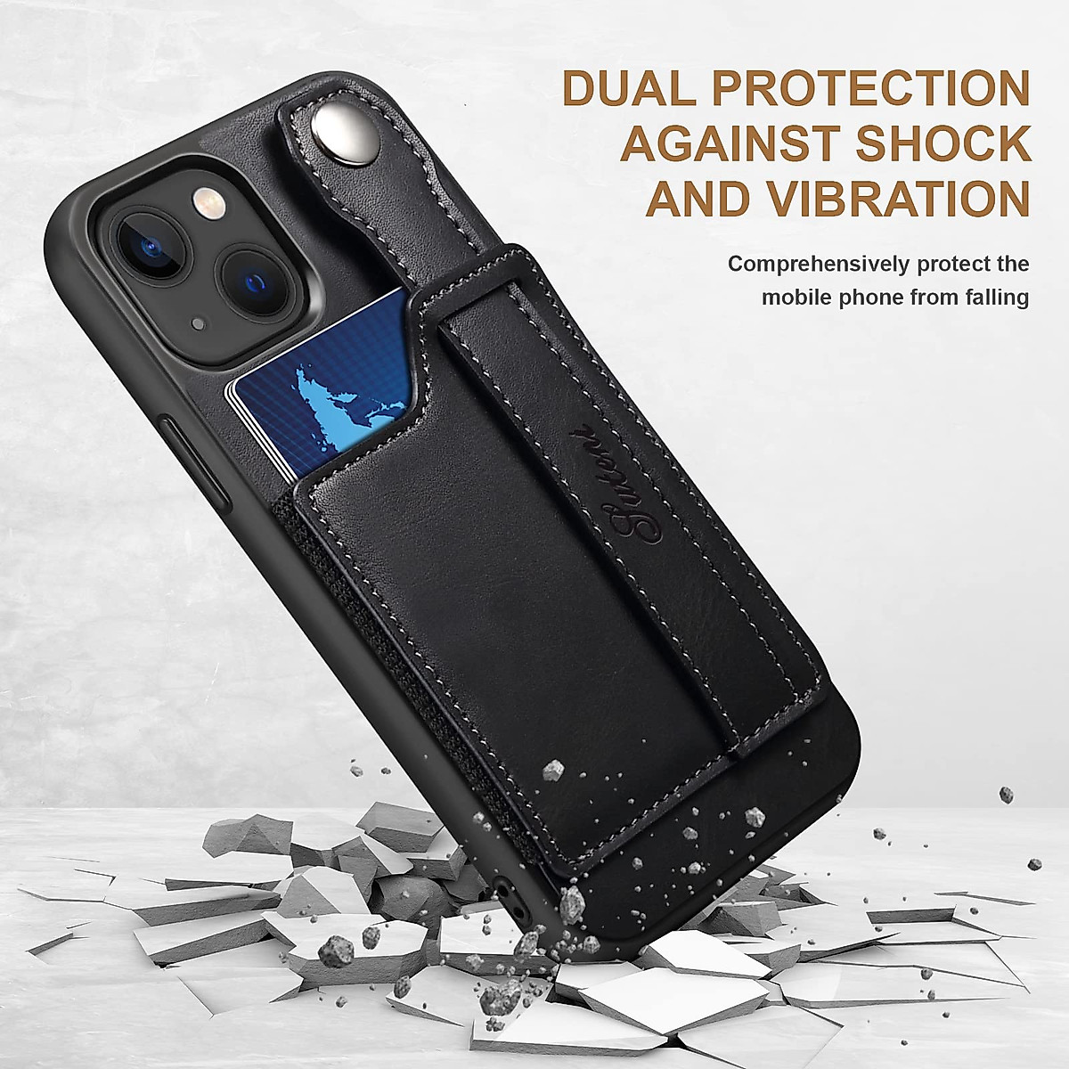 Hongxinyu for iPhone 15 2023 Case, PU Leather Wallet Case Back with Elastic Card Slot Magnetic Clasp Kickstand Hand Strap Protective Cover for iPhone 15 (Black)