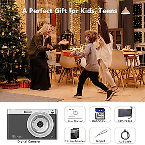 Digital Camera, Ordine 4K Kids Camera with 32GB SD Card Autofocus, 50MP Compact Video Camera 16X Digital Zoom Vlogging Camera for Kids Students Teens (White)