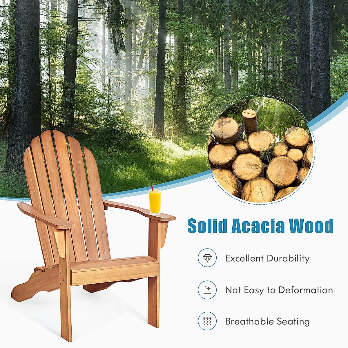 RELAX4LIFE Adirondack Chairs Set of 4, Acacia Wood Adirondack Lounge Chair, Weather Resistant Outdoor Chair for Patio Garden Porch Deck, 350 LBS Weight Capacity, Wooden Fire Pit Chairs (4, Natural)