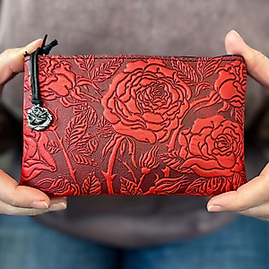 Leather 6 Inch Zipper Pouch, Wallet, Coin Purse, Hand Made in the USA by Oberon Design, Red Roses