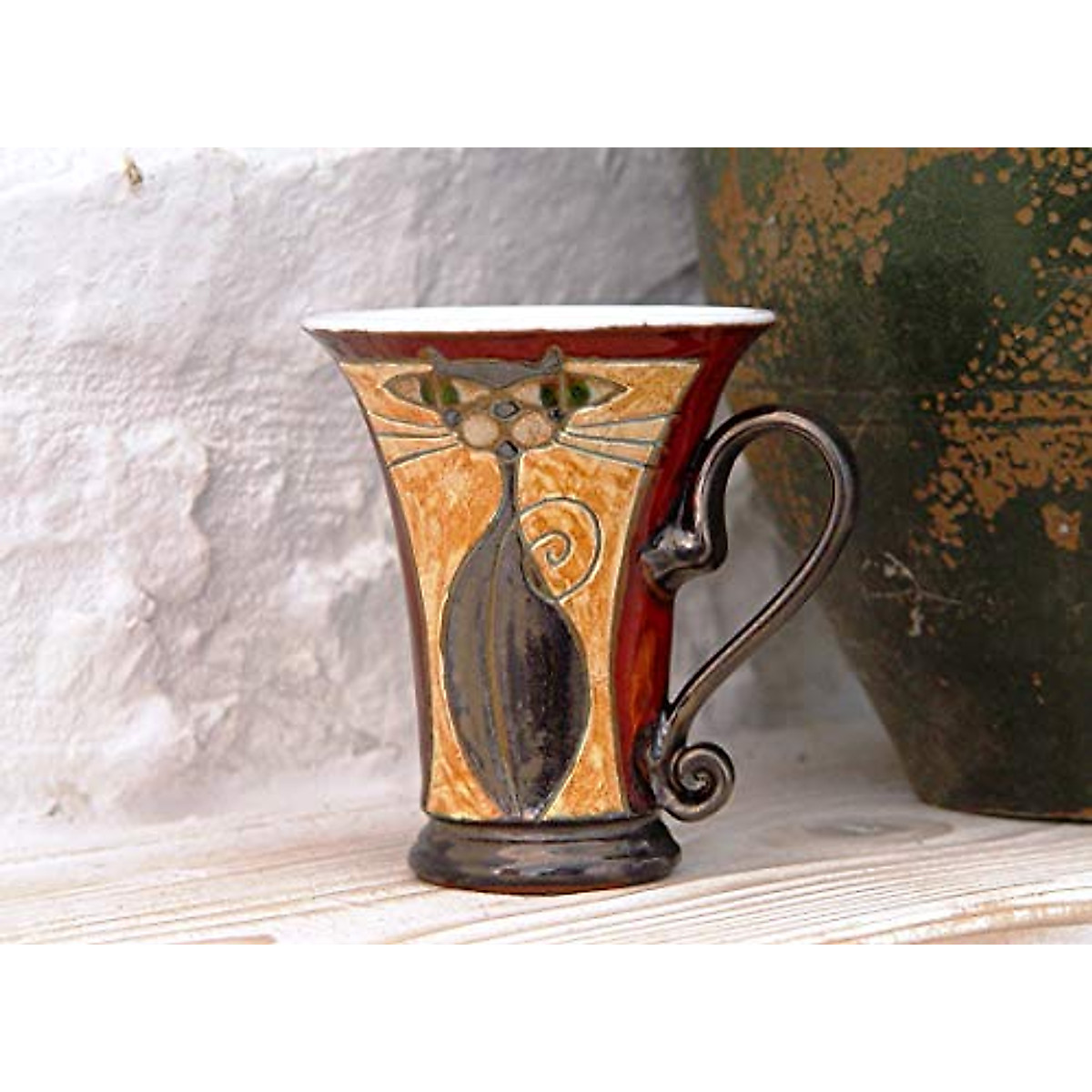 Pottery Coffee Mug, Cat Mug, Red Mug with Unique Hand Painted Decoration