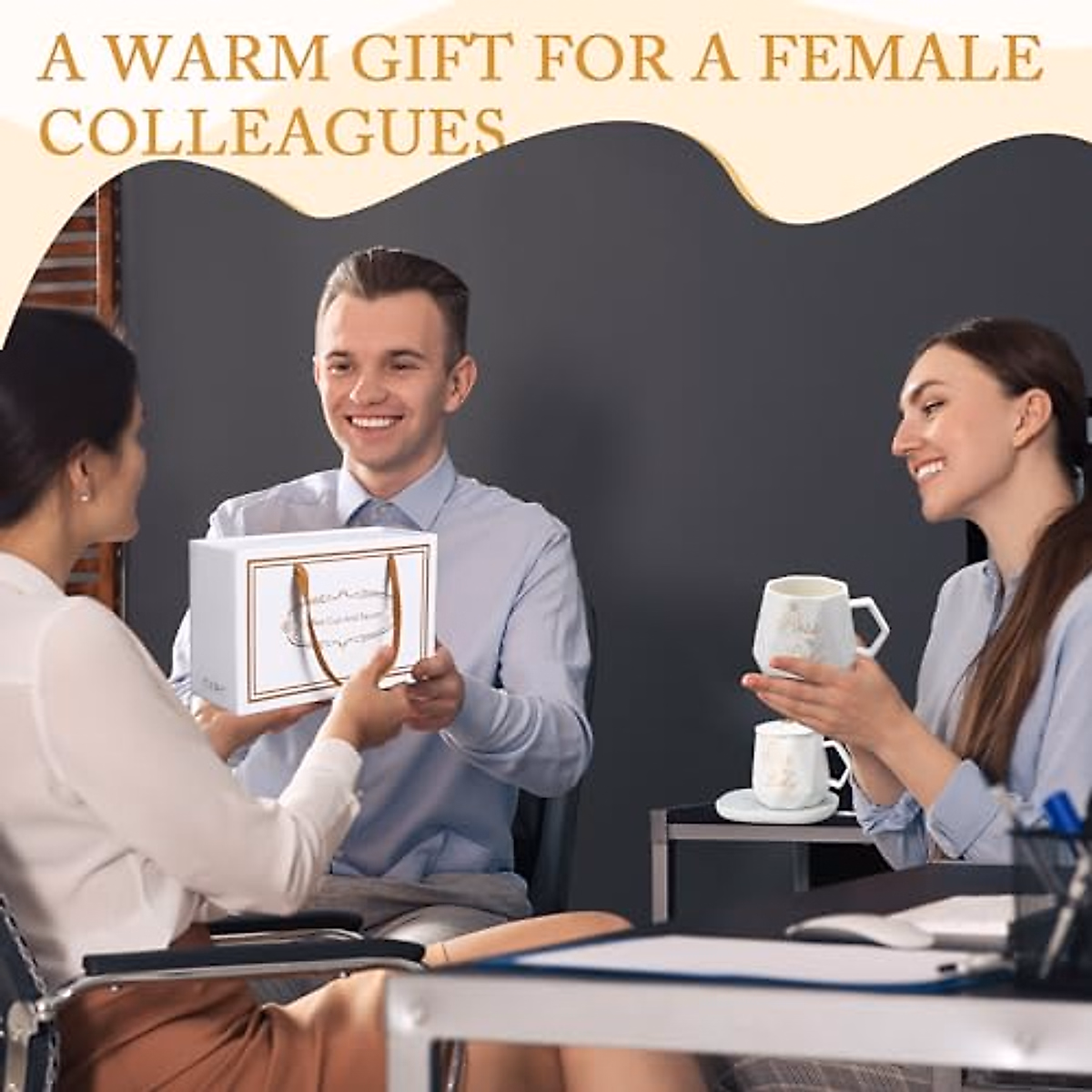 Hushee Lady Coffee Mug Warmer for Women 13.5 Oz Cup Warmer with Mug Set Electric Tea Water Warmer Appreciation Cup Heater with Lid Spoon and Coaster for Desk Office Home Birthday Gifts (White)