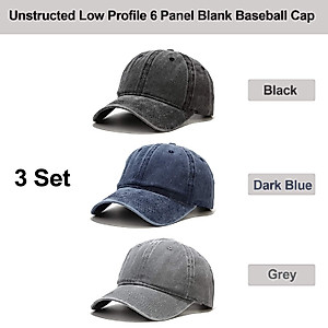 Umeepar 3 Pack Baseball Cap Vintage Distressed Low Profile Unstructured Plain Cotton Dad Hat Adjustable for Women Men (Black, Dark Blue, Light Grey)