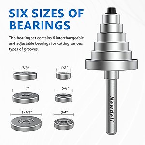 Newdeli Rabbet Router Bit Set 1/4 Inch Shank - 4Pcs Rabbeting Router Bits（1/8",1/4",3/8", 1/2" Height） with 6 Bearings Set (3/8", 1/2", 5/8", 3/4", 7/8", 1-1/8" Bearings) - Wood Biscuit Slot Cutters