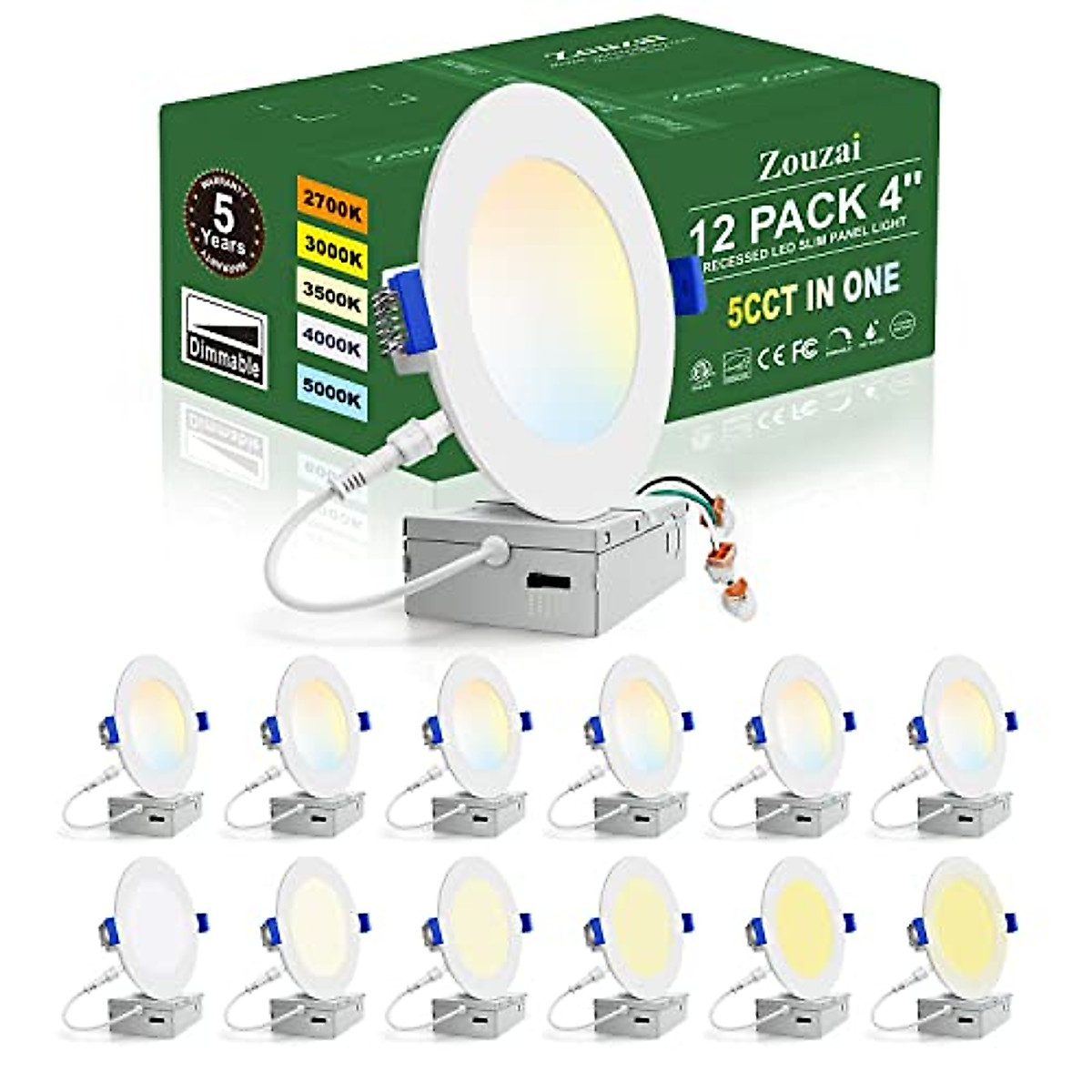 zouzai 12 Pack 4 Inch 5CCT Ultra-Thin LED Recessed Ceiling Light with Junction Box, 2700K/3000K/3500K/4000K/5000K Selectable, 9.5W 80W Eqv, Dimmable, led can Lights - ETL Certified