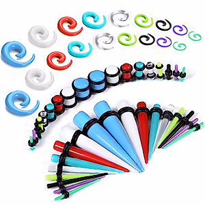BodyJ4You 54PC Ear Stretching Kit - 14G-00G Beginner Gauges - Blue White Clear Green Purple Acrylic Tapers Spirals No Flare Plugs O-Rings - Lightweight Expanders Unisex Men Women