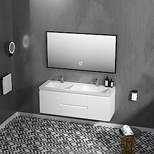 OMGO 60'' Wall Mounted Double Bathroom Vanity with White Solid Surface Sink, Modern Wood Cabinet Basin Vessel Set w/Two Drawers and 2 Storage, H90 Hanging System, Easy Installation