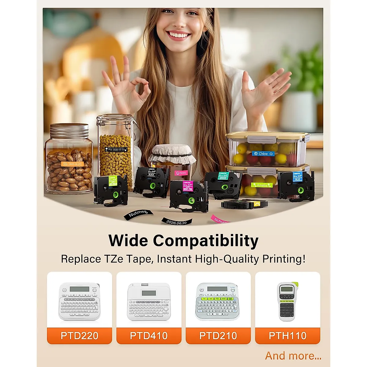 Replacement for Brother P-Touch Label Maker Tape TZe 12mm 0.47 Ribbon Laminated TZ Colored Refills Compatible with Brother P Touch PT-D210 D220 H110 1000 1280 D400 Cube, 1/2" x 26.2', 6 Pack