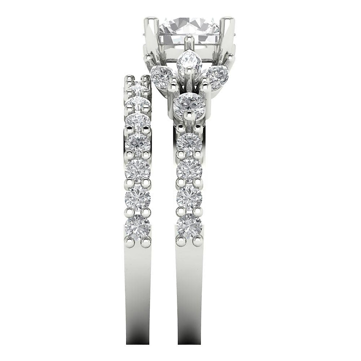 Clara Pucci 2.66ct Round Marquise cut Engraving Solitaire 3 stone W/Accent Moissanite Wedding Anniversary Ring set 14k White Gold 7.25