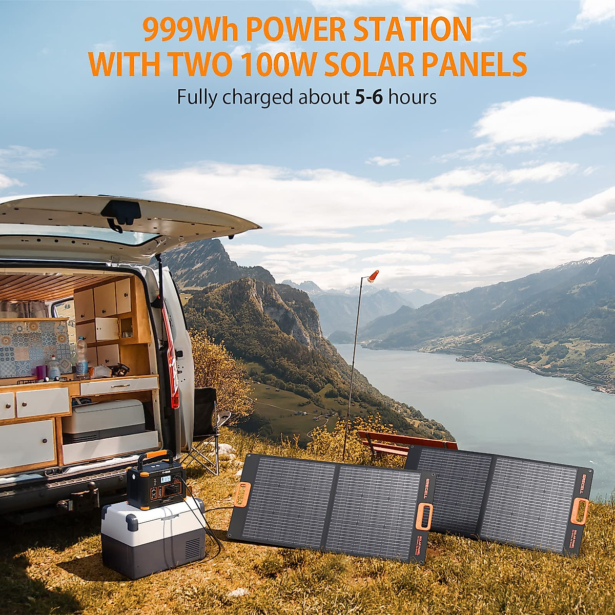 GRECELL 1000W Portable Power Station With 2x 100W Solar Panels, 999Wh Backup Lithium Battery, Pure Sine Wave AC Outlet, 60W PD Quick Charge Solar Generator Set for Outdoor Emergency Camping Travel