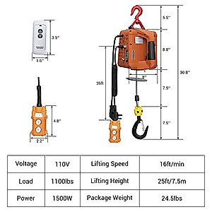 KELELM 3 in 1 Electric Hoist Winch, 1100lbs Portable Power Electric Winch, 1.5KW Winch Crane with Wire and Wireless Remote Control, Overload Protection 25ft Lifting Height for Towing 110V
