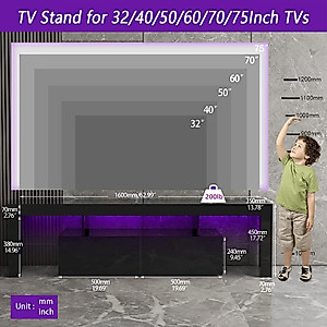 CFTEL Black TV Stand, 60 65 70 75 inch Wood TV Stand, High Glossy Entertainment Center with Large Drawers＆Glass Display Shelf, LED Modern Media Gaming Cabinet TV Console for Livingroom, Bedroom