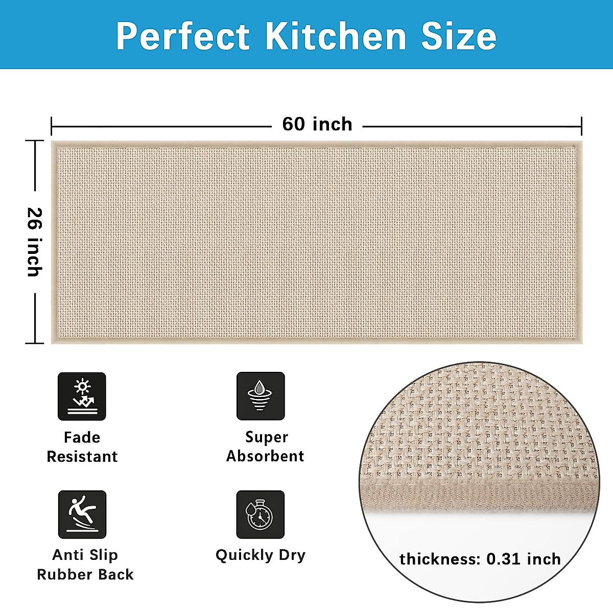 GOYLSER Boho Kitchen Rugs and Mats Non Skid Washable, Braid Jute Kitchen Floor Rug in Front of Sink, 60"x26" Rubber Backed Large Farmhouse Absorbent Kitchen Cushioned Standing Mat Beige