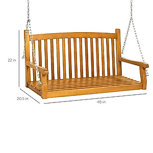 Best Choice Products 48in Wood Porch Swing Outdoor Patio Hanging Bench Chair Furniture for Deck, Garden, Yard w/Mounting Chains, Curved Back Design, 500lb Weight Capacity - Brown