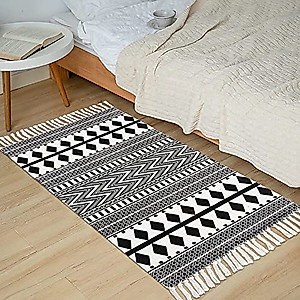 HEBE Cotton Area Rug Set 2 Piece 2'x3'+2'x4.2' Black and Cream Tribal Accent Rug with Tassels Boho Area Runner Rugs Throw Rug for Hallway, Entryway, Bathroom,Kitchen Floor, Laundry Room
