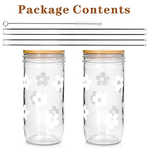 ANOTION Cute Glass Cups with Lids and Straws, Mason Jars with Flower Design, Bamboo Lid, Iced Coffee Cups Tumbler Drinking Glasses Travel Coffee Mug Perfect for Coffee, Smoothies, Boba Tea, and Wine