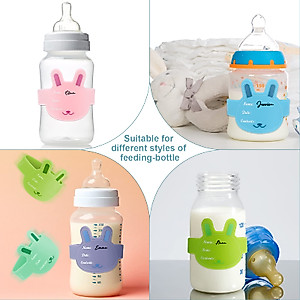12 Pcs Baby Bottle Labels for Daycare, Silicone Daycare Bottle Labels Day Care Essentials Reusable Waterproof Water Bottle Name Bands in Shape Design with Marker Pens, 6 Colors (Rabbit Style)