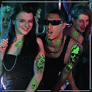 24 Sheets Glow in the Dark Temporary Tattoo Wolf Flower Luminous Fake Tattoos for Adults Men Women Kids Tiny Halloween Tattoo Stickers Neon Rave Festival Accessory Glow Party Supplies Decorations