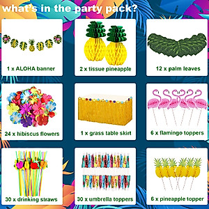 JOPHMO Tropical Luau Party Decoration Pack Hawaiian Beach Theme Party Favors Luau Party Supplies (112 PCS) including Banner, Table Skirt, Straws, Flamingo, Pineapple Décors.